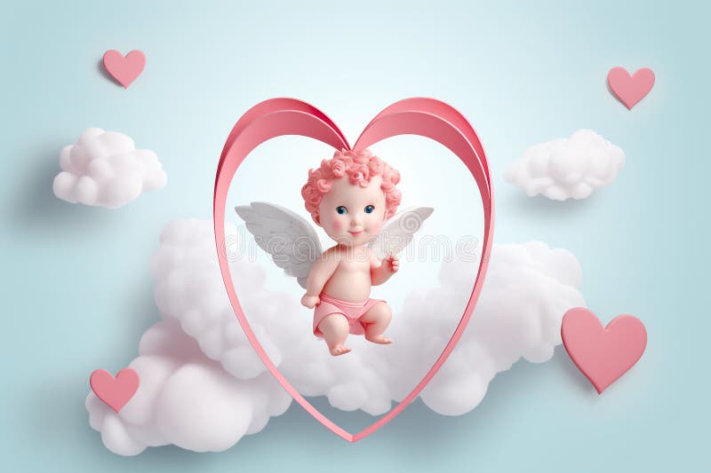 Cute 3d Cupid on a Heart Cloud Stock Illustration - Illustration of ...