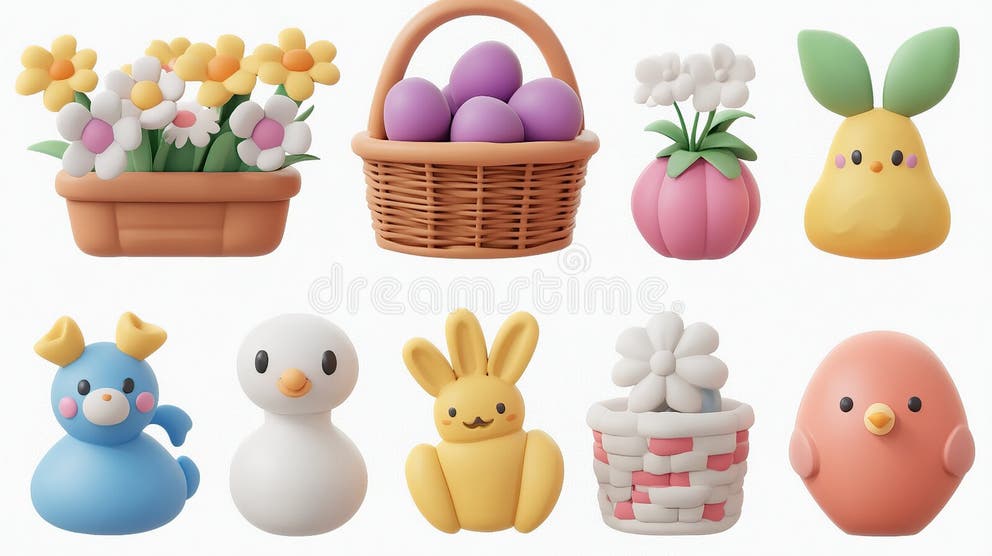 Cute 3D Easter Characters and Objects Flowers, Eggs, Bunny, Chick, and ...
