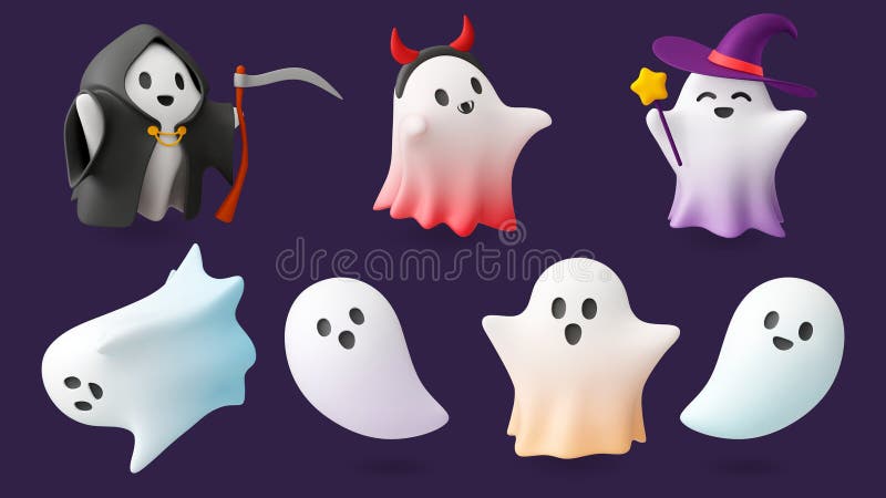 Cute 3d Ghosts, Render Ghost Halloween Elements. Holiday Cute Horror ...