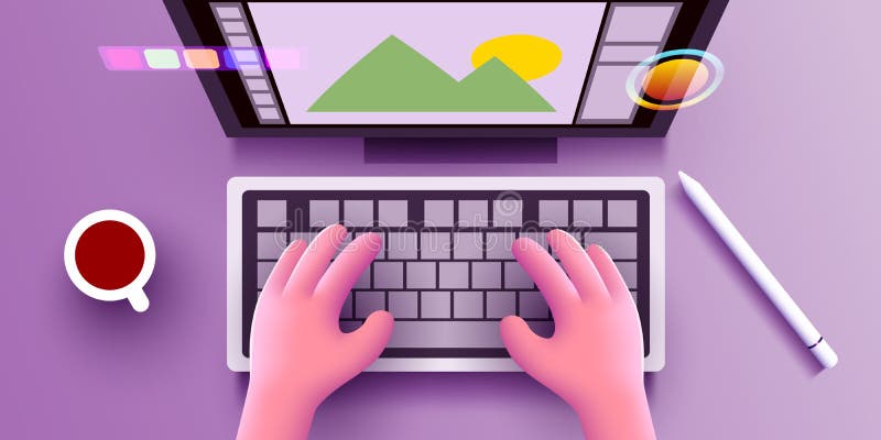 Cute 3d Human Hands Work on a Computer Keyboard. Designer and Digital ...