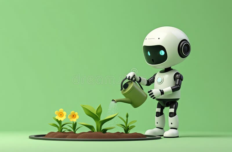 Cute 3d Illustration of Android Robot As Gardener Watering Plants with ...