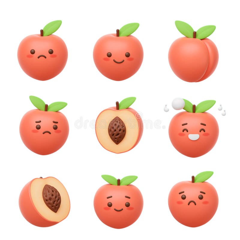 Cute 3D Peach Fruit Characters in Various Expressions Stock Image ...