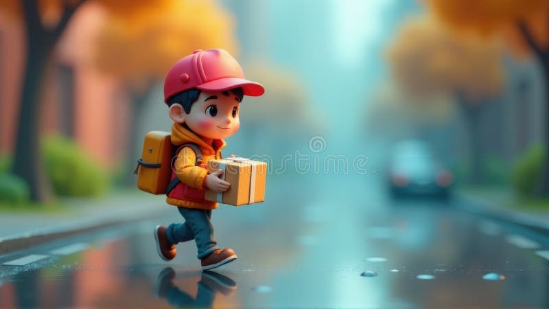 Cute 3D Render of a Boy Delivering a Package on a Rainy Day Stock ...