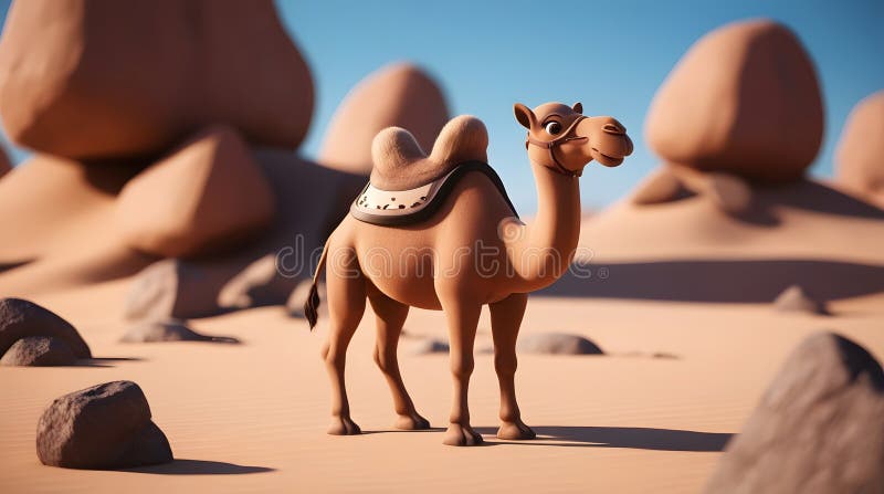 Cute 3D Render of a Cartoon Camel in the Desert Stock Illustration ...
