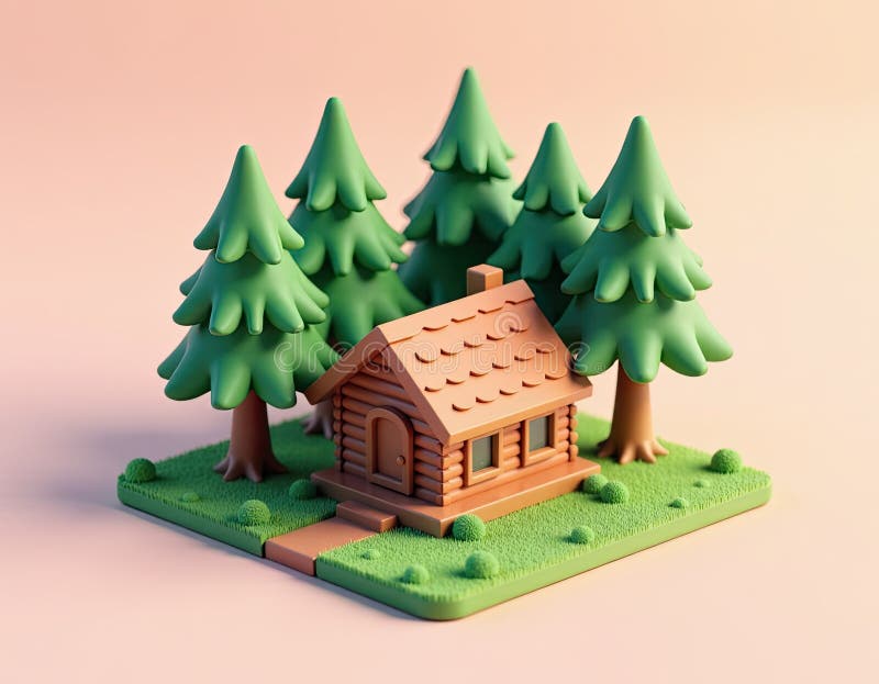 Cute 3D Render of a Log Cabin in a Forest Stock Illustration ...