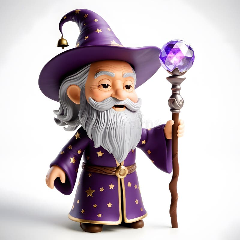 A Charming 3D Render of a Wise Old Wizard with a Sparkling Purple Gem ...