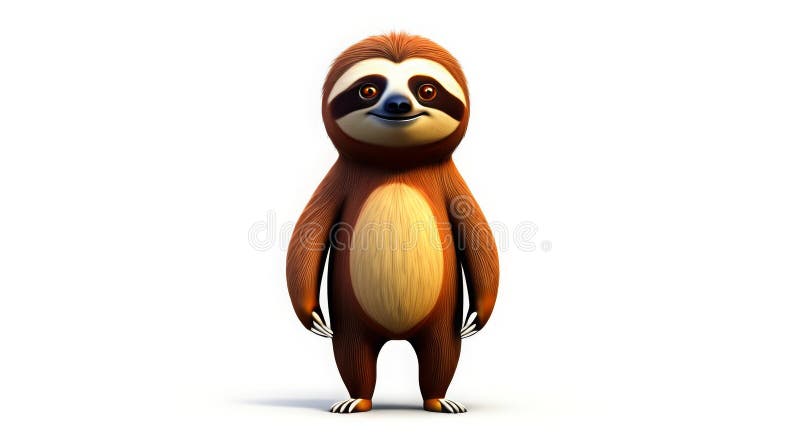 Cute 3D Sloth Standing Upright with a Gentle Smile on a White ...