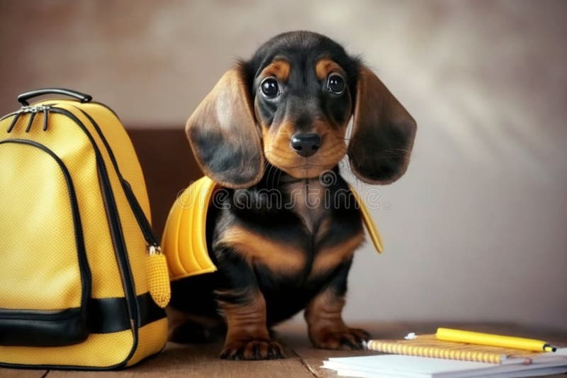 Cute Dachshund Puppy, School Uniform , Sits on Desk Stock Illustration ...