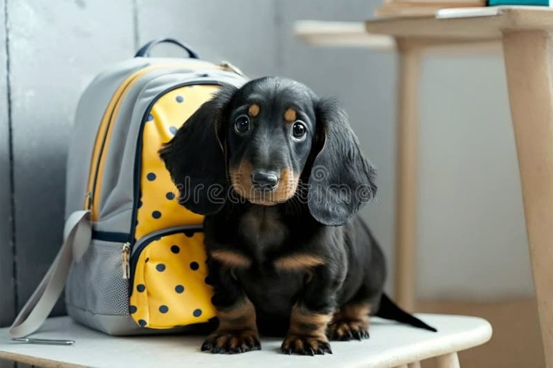 Cute Dachshund Puppy, School Uniform , Sits on Desk Stock Illustration ...