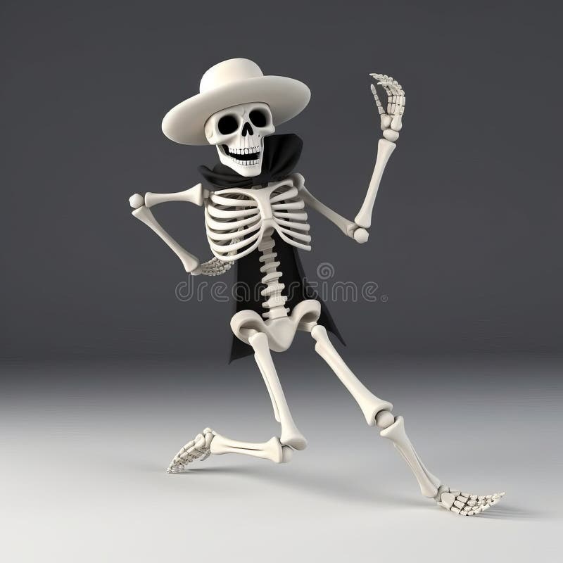 Cute Dancing White Skeleton in a Black Cloak and Hat on a Gray ...