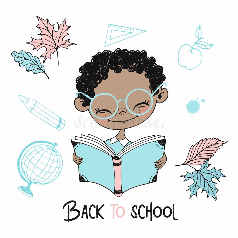 Cute Dark-skinned Boy Reading A Book. Back To School. Vector Stock ...