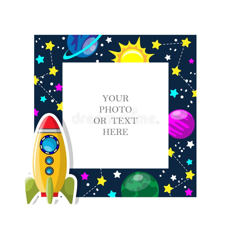 Cute Decorative Template Frame with Cartoon Rocket and Space. Stock ...
