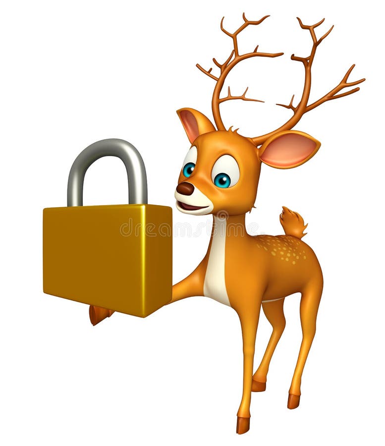 Cute Deer Cartoon Character with Lock Stock Illustration - Illustration ...