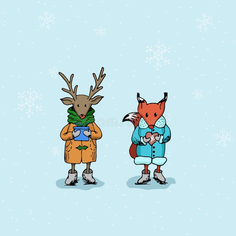 Cute Deer and Fox Characters with Gifts in Paws on Snowflakes Stock ...
