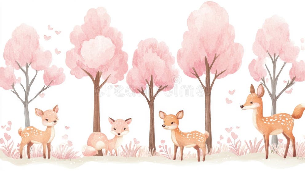 Cute Deer and Fox in a Pink Watercolor Forest Stock Illustration ...