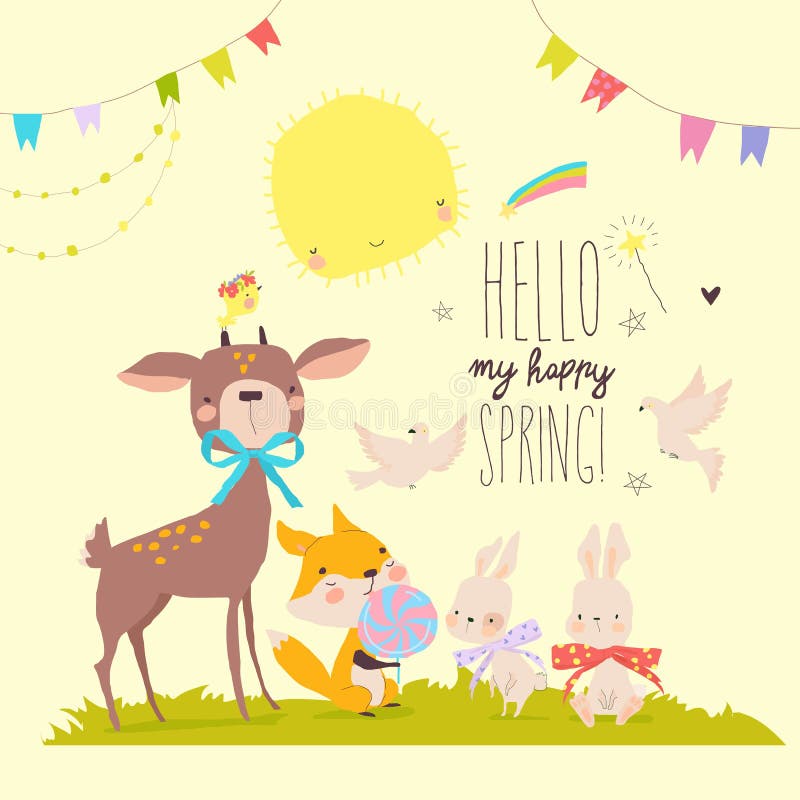 Cute Deer, Fox and Rabbits Meeting Spring Stock Vector - Illustration ...
