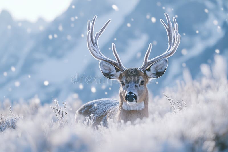 Cute Deer in a Snowy Meadow during a Snowfall. Stock Illustration ...