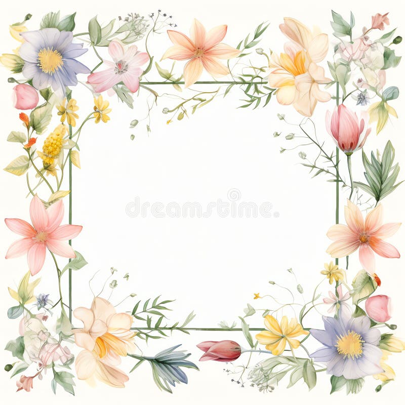 Cute Delicate Wildflower Border Floral Frame Watercolor Stock ...