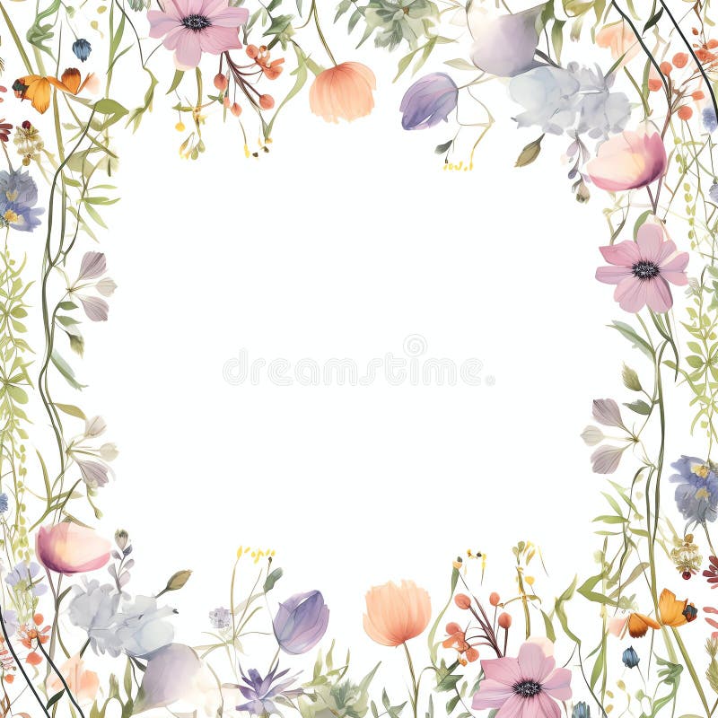 Cute Delicate Wildflower Border Floral Frame Watercolor Stock ...