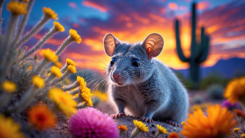 Adorable Desert Mouse at Sunset among Vibrant Flowers Stock ...