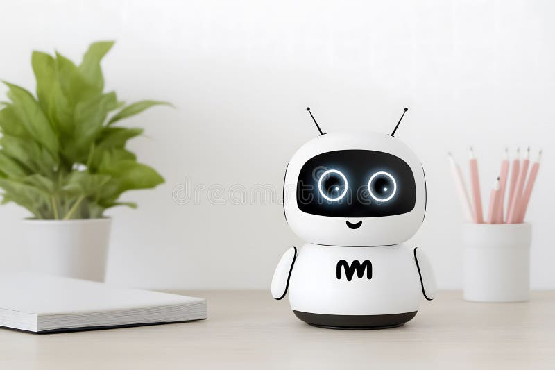 A Cute Desktop Robot with Glowing Eyes Sitting on a Modern Workspace ...