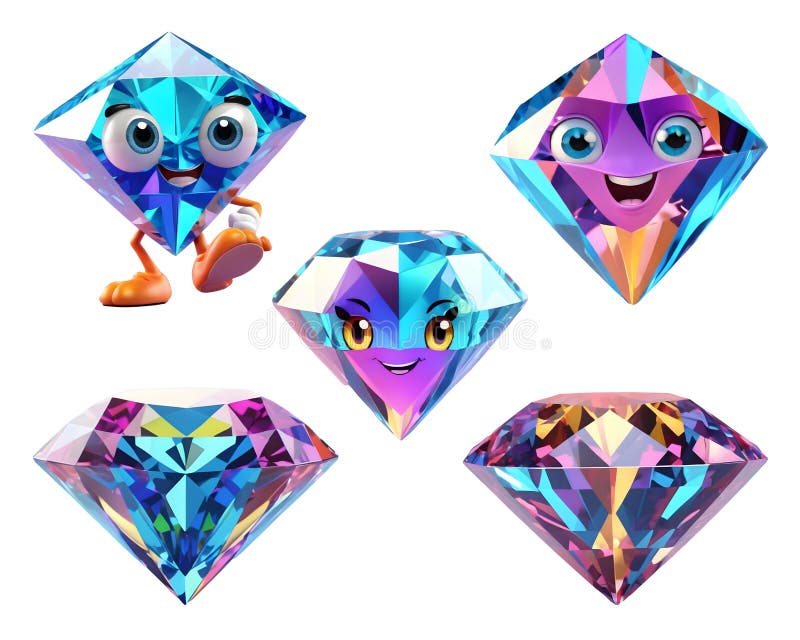 Cute Diamond Character Set with Eyes and Mouth. 3D Rendering Stock ...
