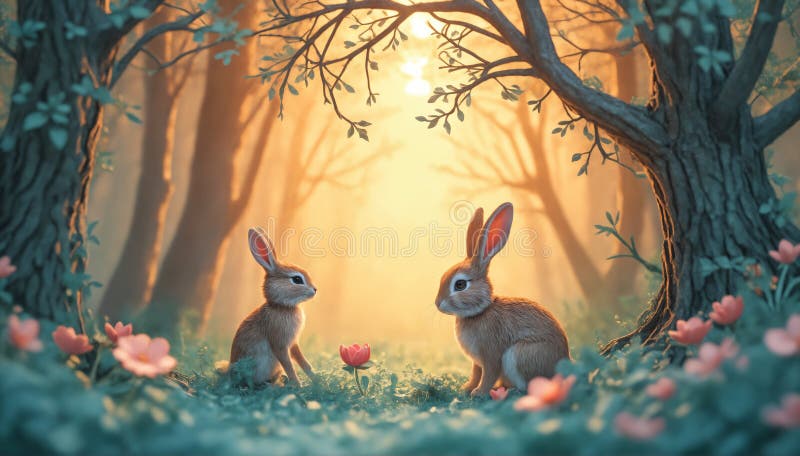 Cute Illustration of Two Easter Bunnys in a Forest Stock Illustration ...