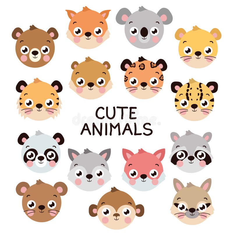 Cute Different Animal Head Set Stock Vector - Illustration of jungle ...