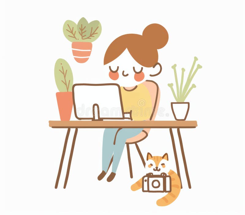 Cute Digital Artist Working at Desk with Plants and Creative Elements ...