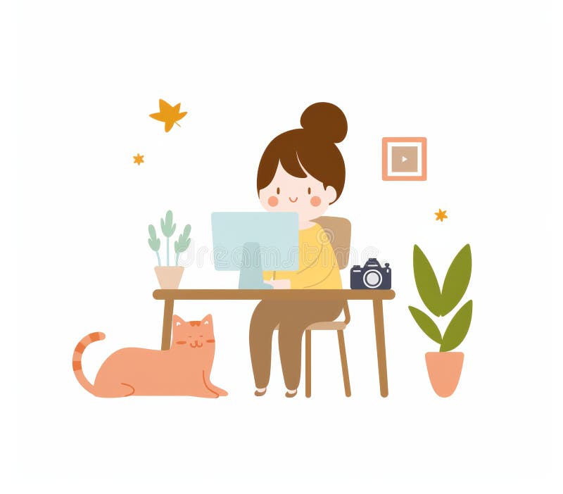 Cute Digital Artist Working at Desk with Plants and Creative Elements ...