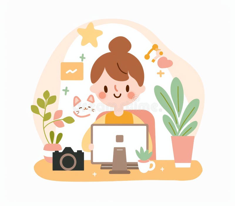 Cute Digital Artist Working at Desk with Plants and Creative Elements in Cozy Workspace Stock ...