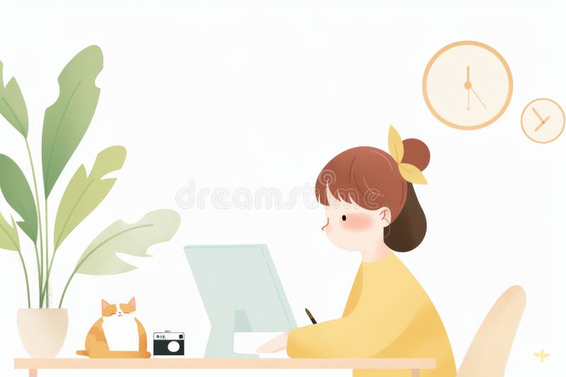 Cute Digital Artist Working at Desk with Plants and Creative Elements ...