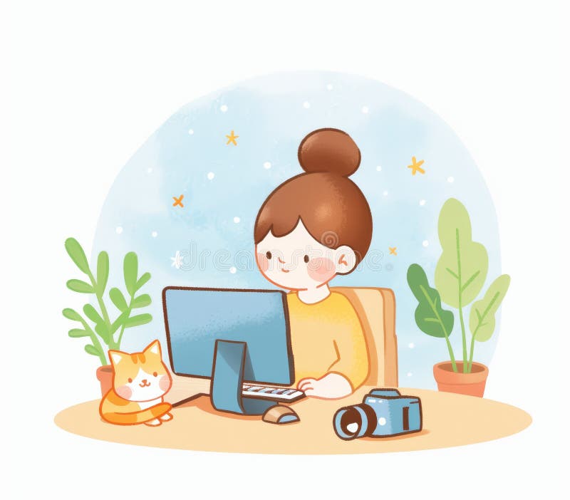 Cute Digital Artist Working at Desk with Plants and Creative Elements ...