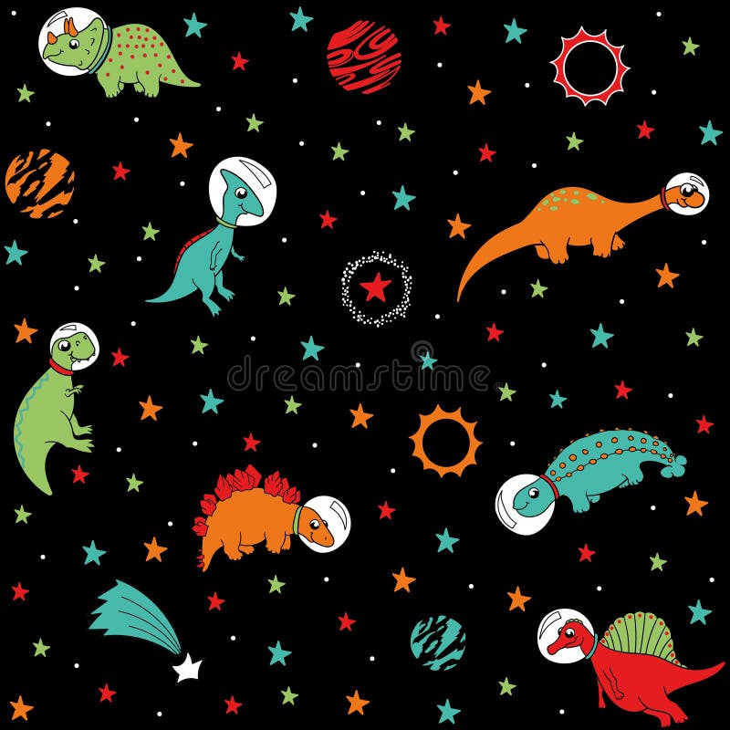 Cute Dinosaur Astronauts In Space With Spaceships And Planets ...