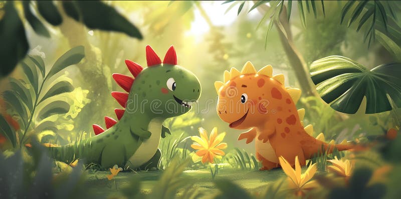 Cute Dinosaur Friends in Lush Jungle Setting during Sunny Day Stock ...