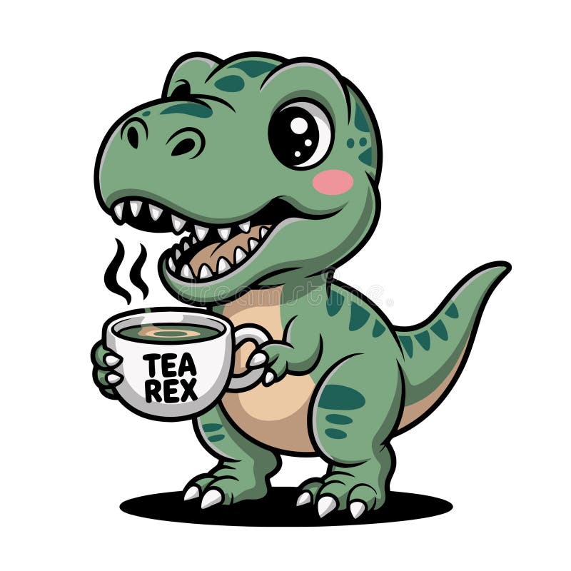 A Cute Dinosaur Holds a Steaming Cup Labeled Tea Rex with a Cheerful ...