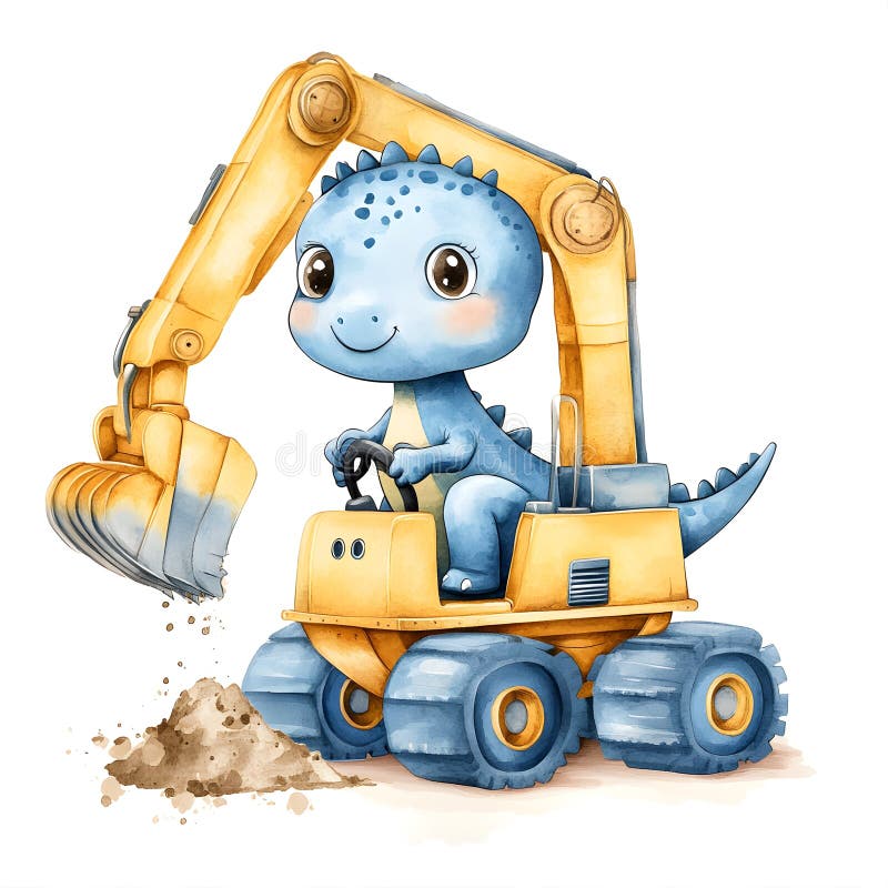 Cute Dinosaur Operating a Yellow Excavator on a Construction Site ...