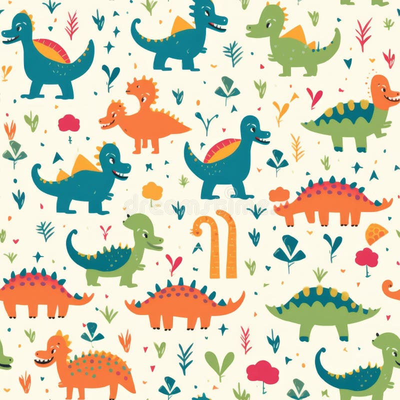 Cute Dinosaur Pattern - Hand Drawn Childish Dinosaur Seamless Pattern ...