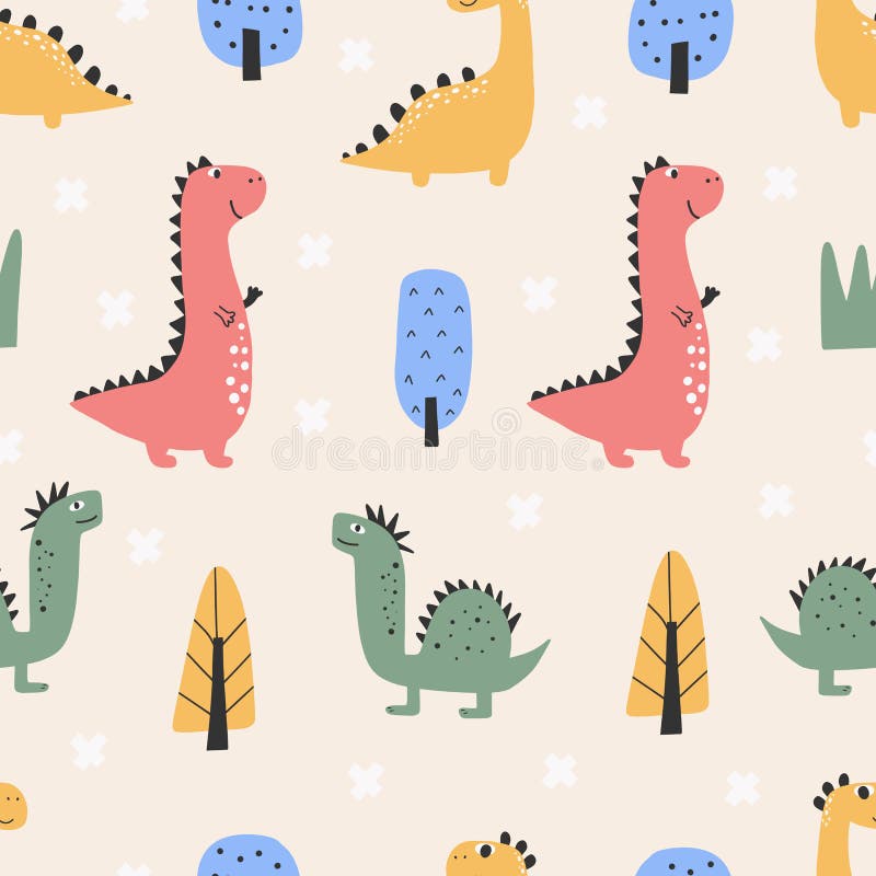 Cute Dinosaur Pattern - Hand Drawn Childish Dinosaur Seamless Pattern ...