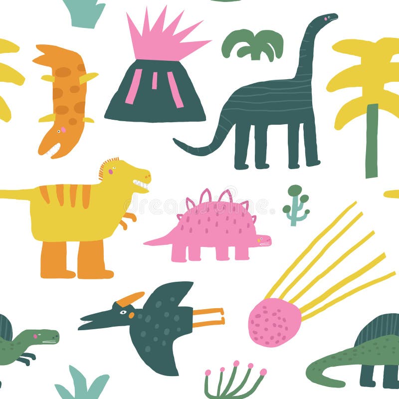 Cute Dinosaur Theme Seamless Pattern Stock Vector - Illustration of ...