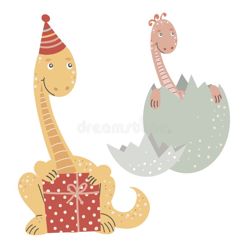 Cute Dinosaurs with Gift and Egg, Holiday Vector Stock Illustration ...