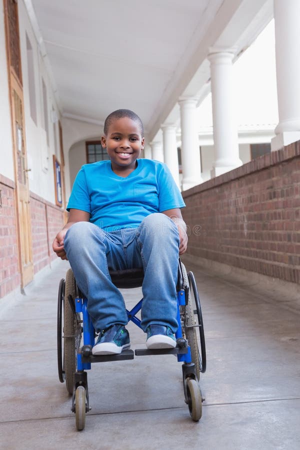Cute Disabled Pupil Smiling at Camera in Hall Stock Image - Image of ...