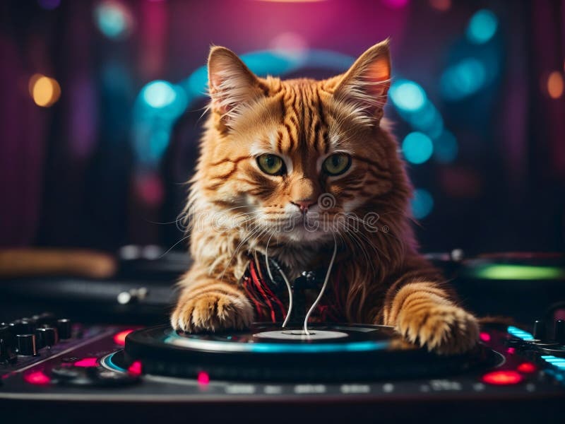 Cute Dj Cat in Colourful Background Stock Image - Image of background ...