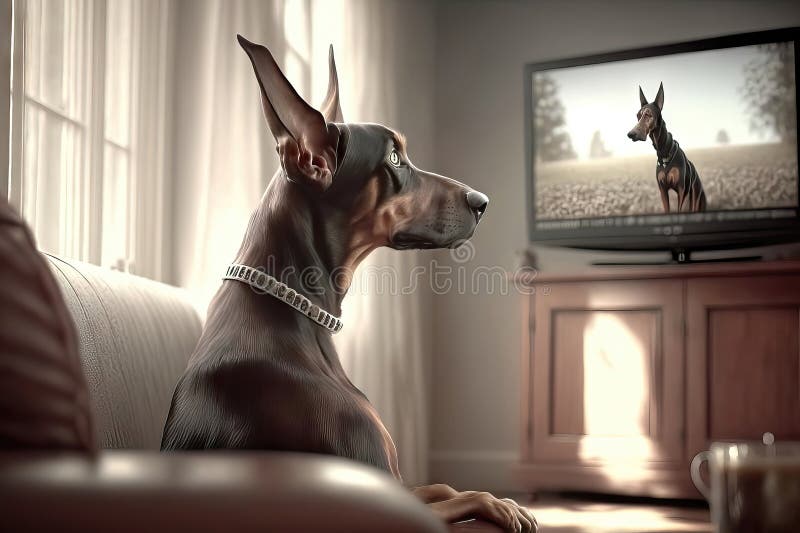 Cute Doberman Dog Sitting on Sofa and Watching Tv at Home Stock ...