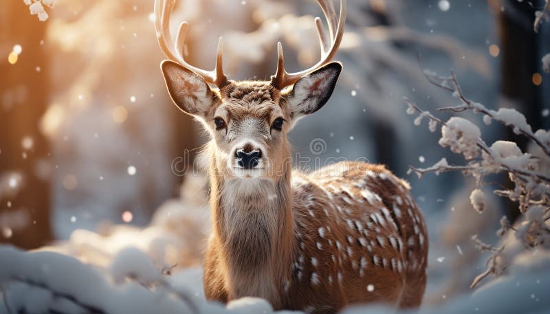 A Cute Doe Stands in the Snow Covered Forest, Looking at You Generated ...