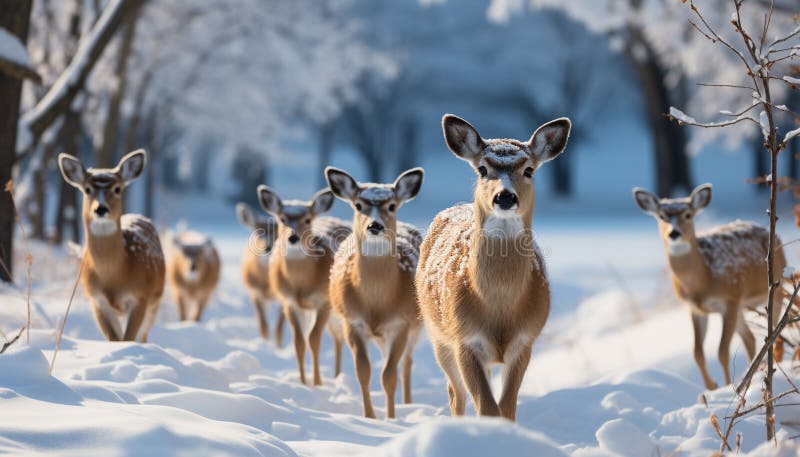 Cute Doe Stands in Snow Covered Forest, Surrounded by Herd Generated by ...