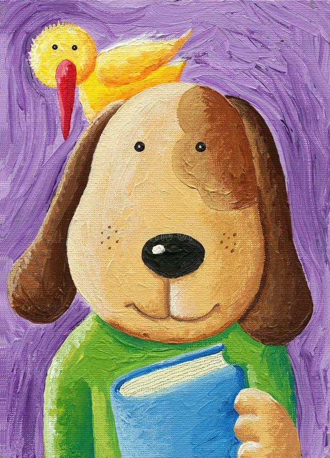 A Cute Dog with a Book and Bird on the Head Stock Illustration ...
