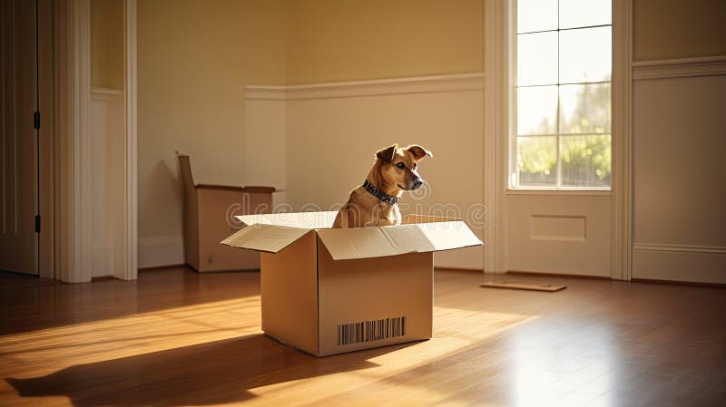 Cute Dog in Cardboard Box in Room Stock Image - Image of cardboard ...