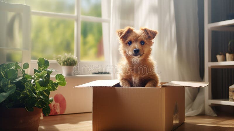 Cute Dog in Cardboard Box in Room Stock Image - Image of domestic ...