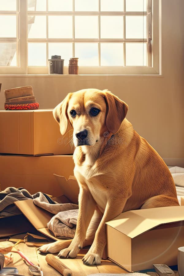 Cute Dog in Cardboard Box in Room Stock Photo - Image of relocation ...